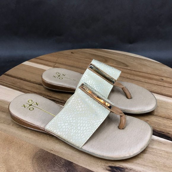 XOXO | Shoes | Xoxo Beige Faux Leather T Strap Slip On Sandals Womens ...